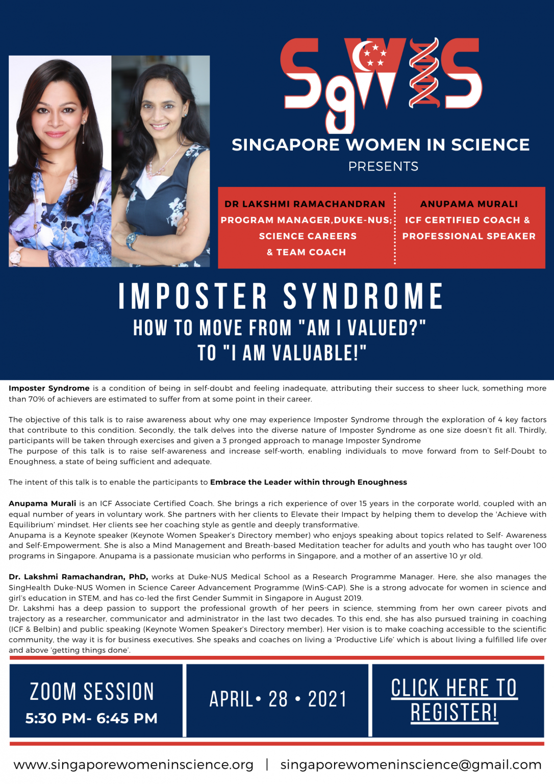SgWIS talk by Dr Lakshmi Ramachandran and Ms Anupama Murali on Imposter ...